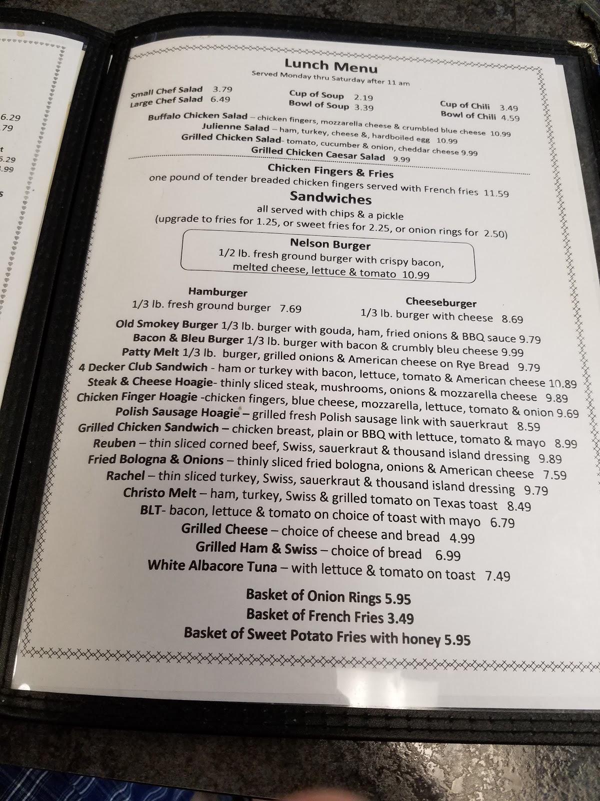 Menu at Nelsons Cafe, Niagara Falls