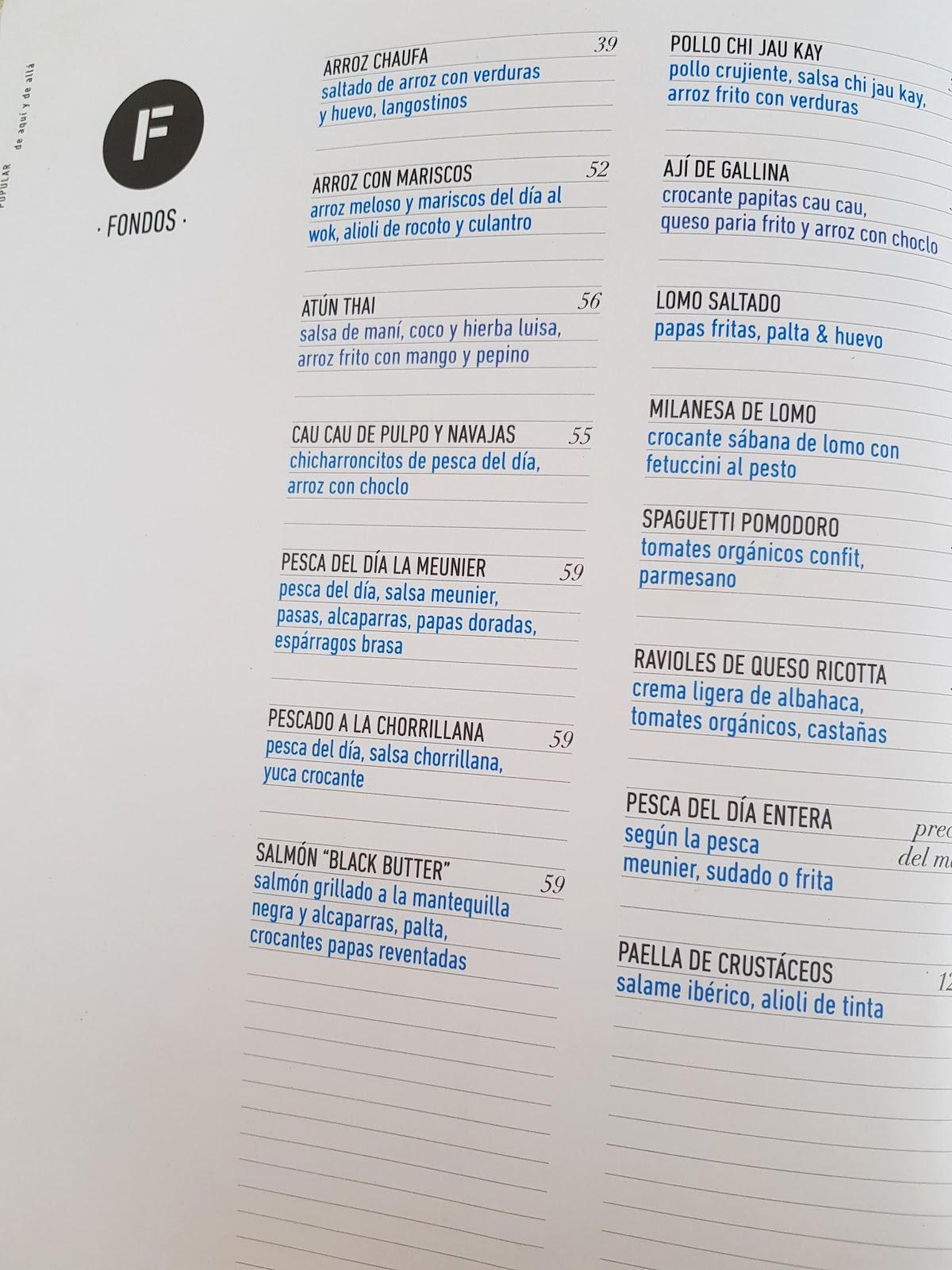 Carta del restaurante Popular del aquí y del allá, Miraflores