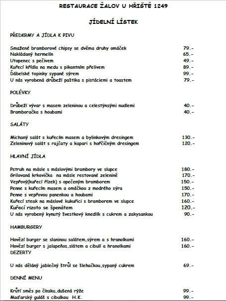 Menu at Restaurace Žalov restaurant, Roztoky