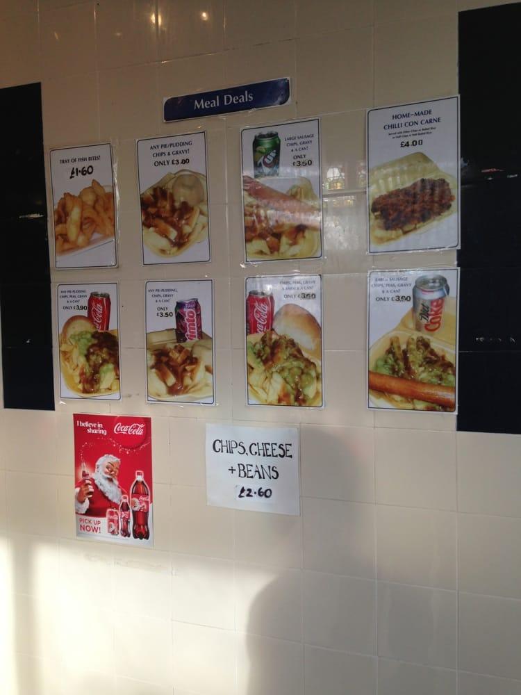 Menu at The Village Chippy fast food, Manchester, Third Ave