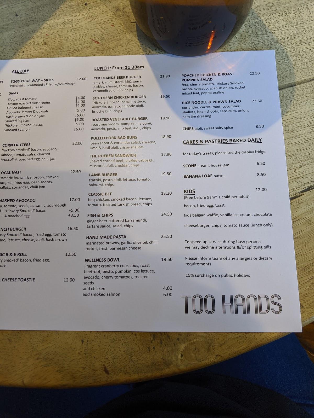 Menu at Too Hands restaurant, New Lambton
