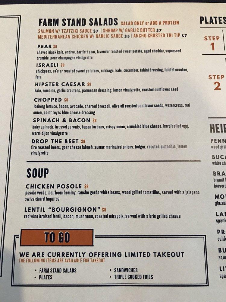 Menu at Heirloom restaurant, Fresno