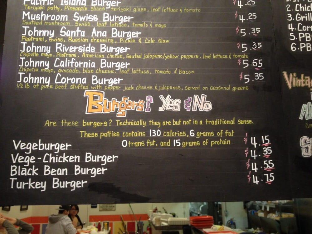 Menu at Johnny's Burgers restaurant, Riverside, Riverside Plaza Dr