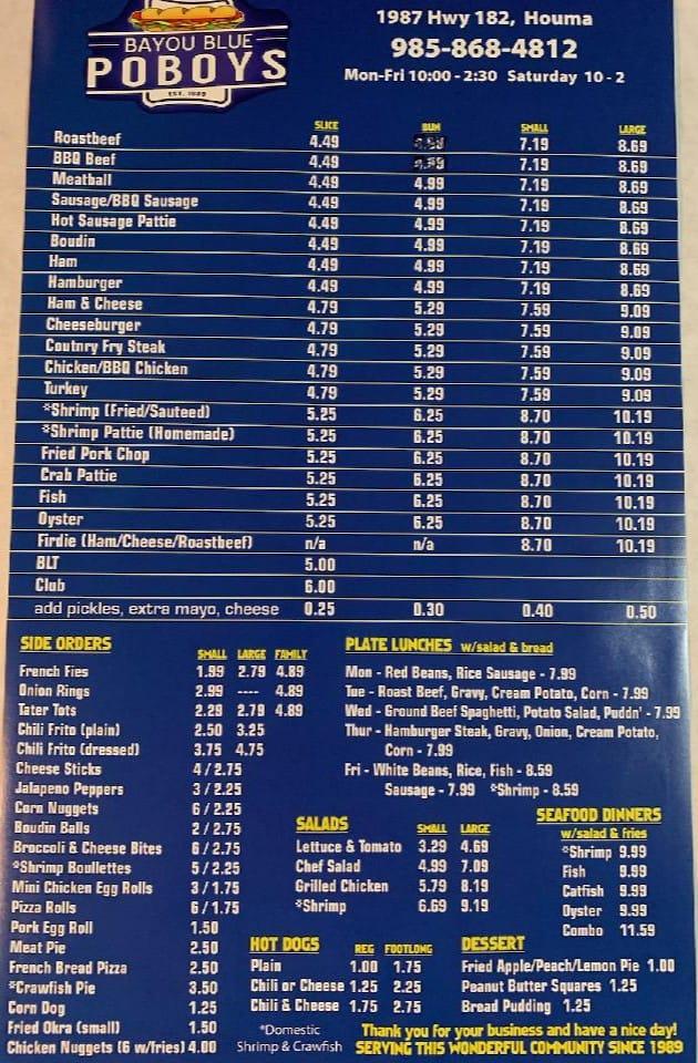 Menu at Bayou Blue Po-Boys restaurant, Houma, LA-182