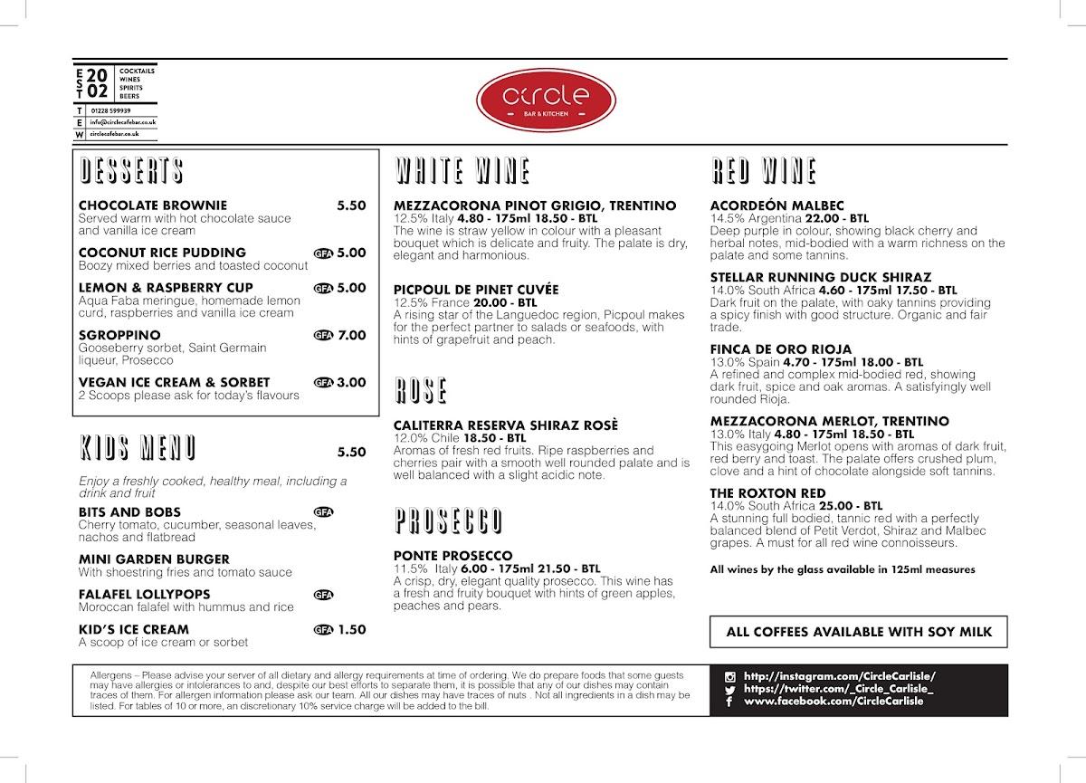 Menu at Circle Cafe Bar, Carlisle