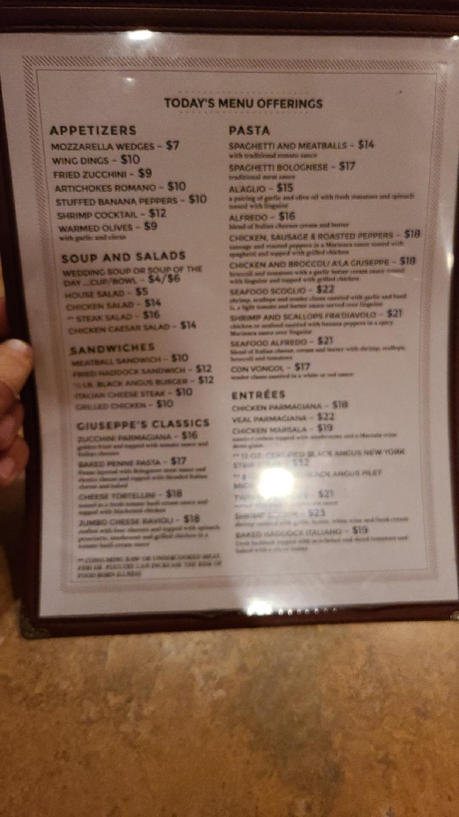 Menu at Giuseppe's Tuscany Grill restaurant, Beaver Falls
