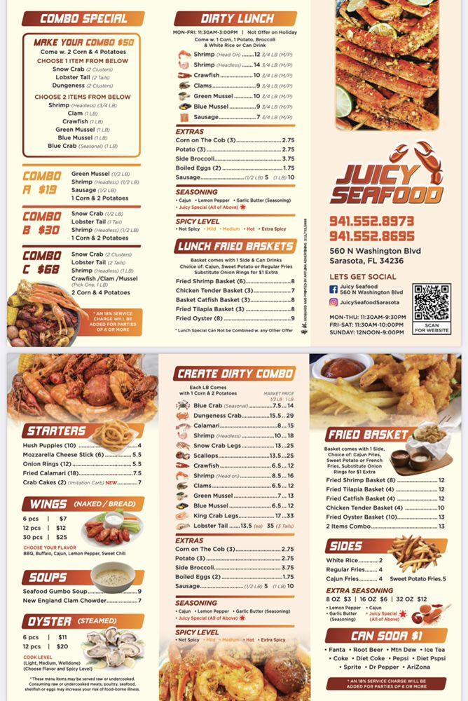 Menu at Juicy Seafood restaurant, Sarasota