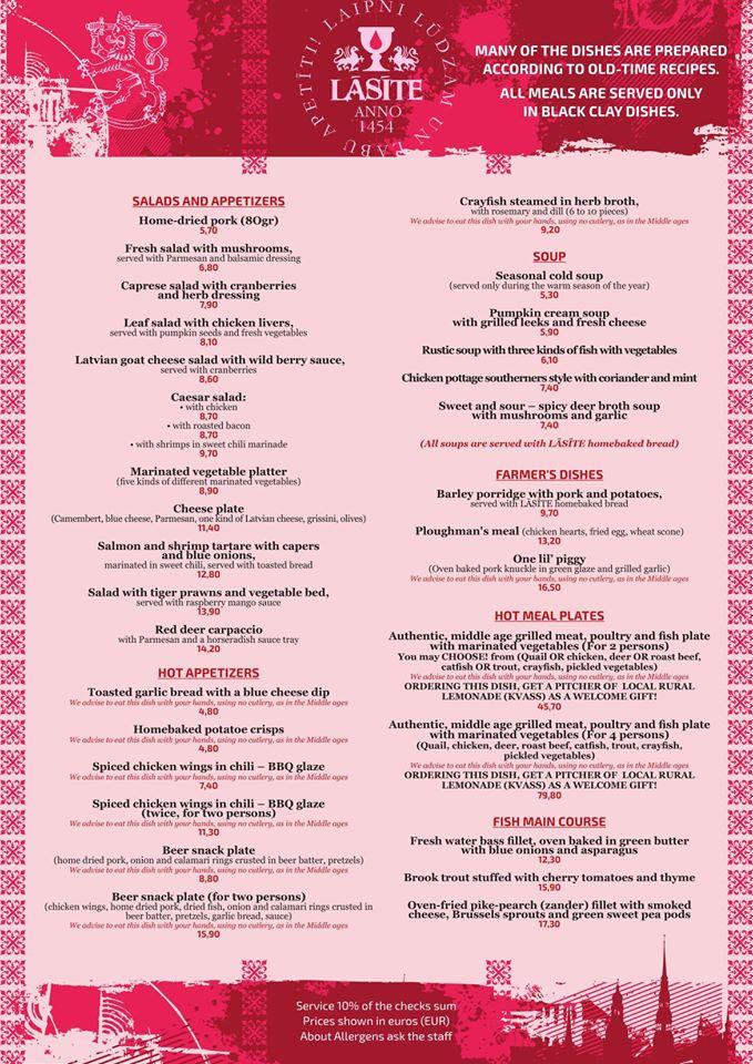 Menu at Viduslaiku restorāns LĀSĪTE restaurant, Riga