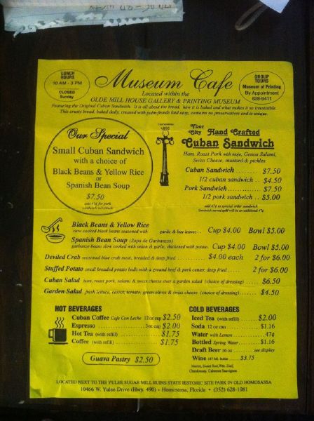 Menu at The Museum Cafe, Homosassa