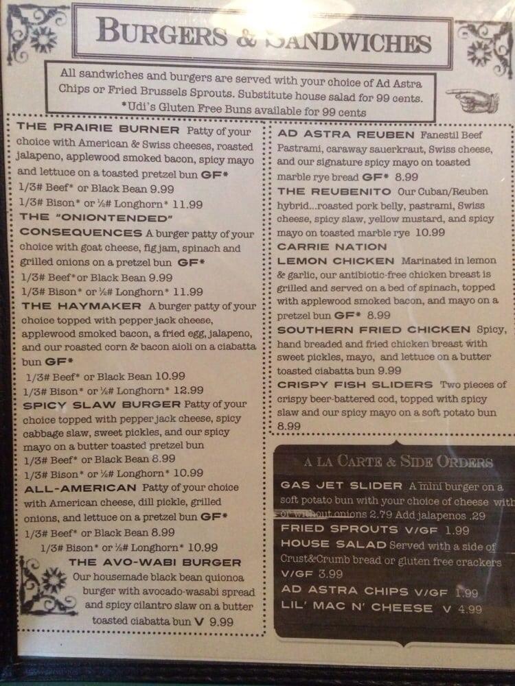 Menu at Ad Astra Steakhouse, Strong City