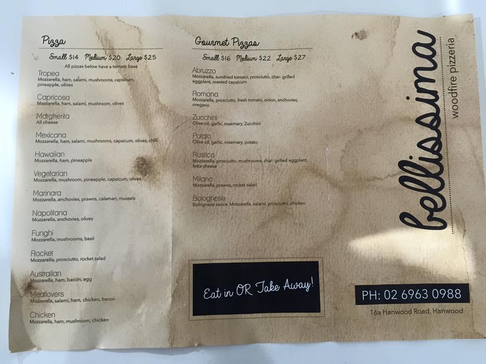 Menu at Bellissima Pizza & Wine Bar, Hanwood, 16A Hanwood Rd