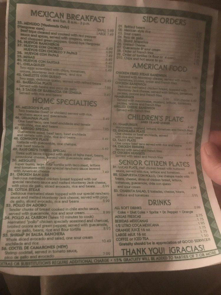 Menu at El Jacalito restaurant, Crandall