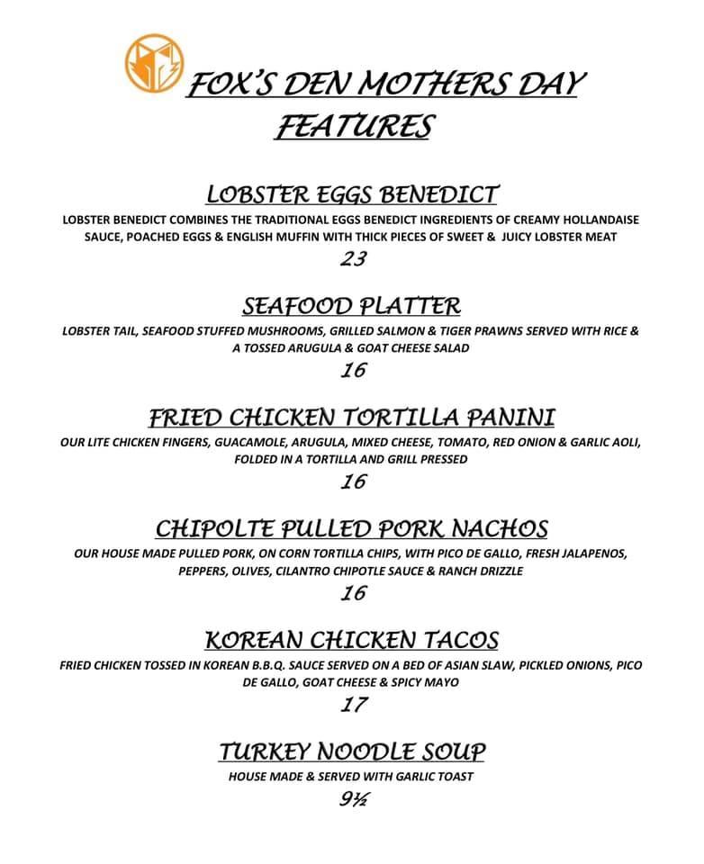 Menu at Fox's Den Bar & Grill, Williams Lake
