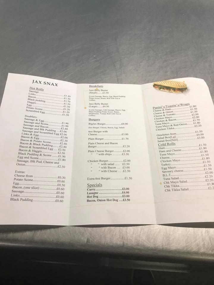 Menu at Jax Snax restaurant, Paisley