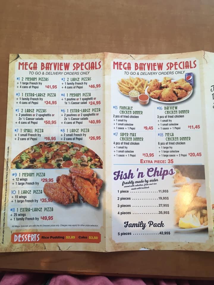 Menu at Bayview Pizzeria, Kahnawake