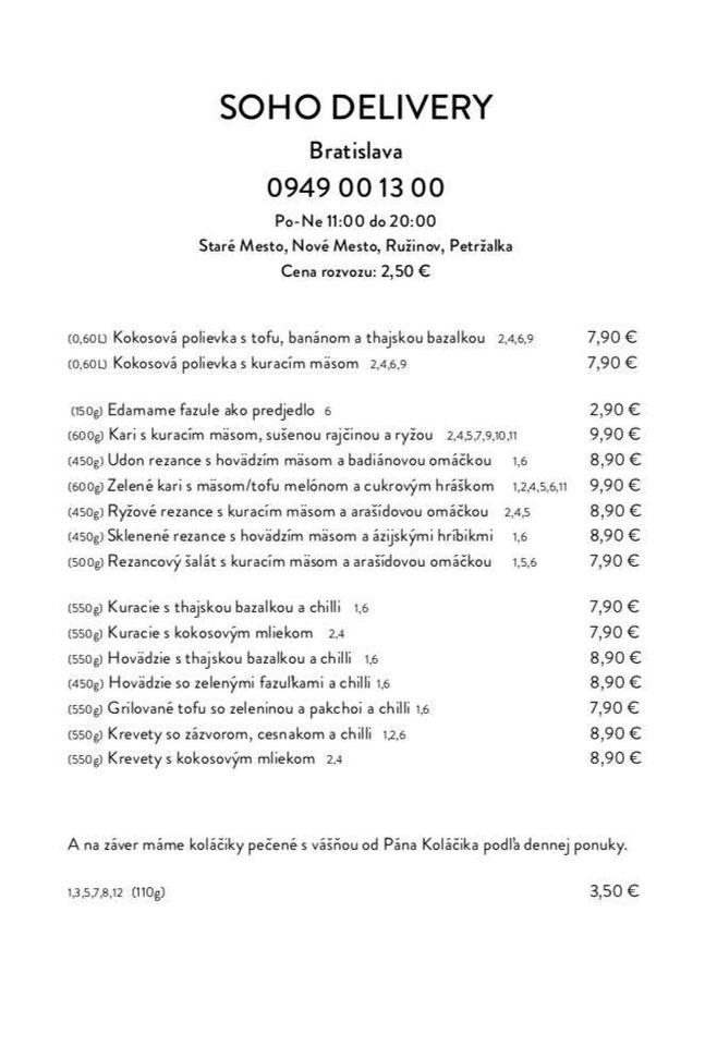 Menu at Bistro SOHO restaurant, Bratislava, Laurinská 17