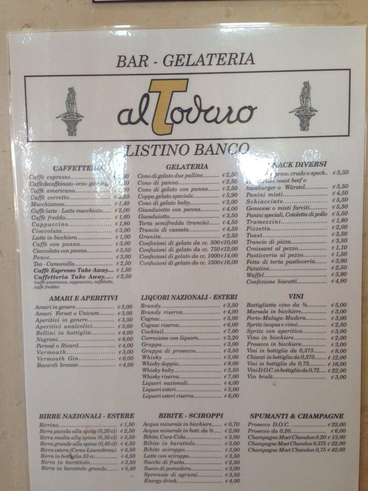 Menu at Caffè Gelateria Al Todaro Dal 1948 pub & bar, Venice