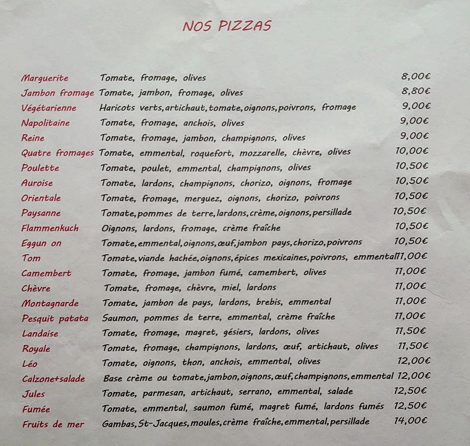 Menu at Chez Bruno restaurant, Sarrancolin