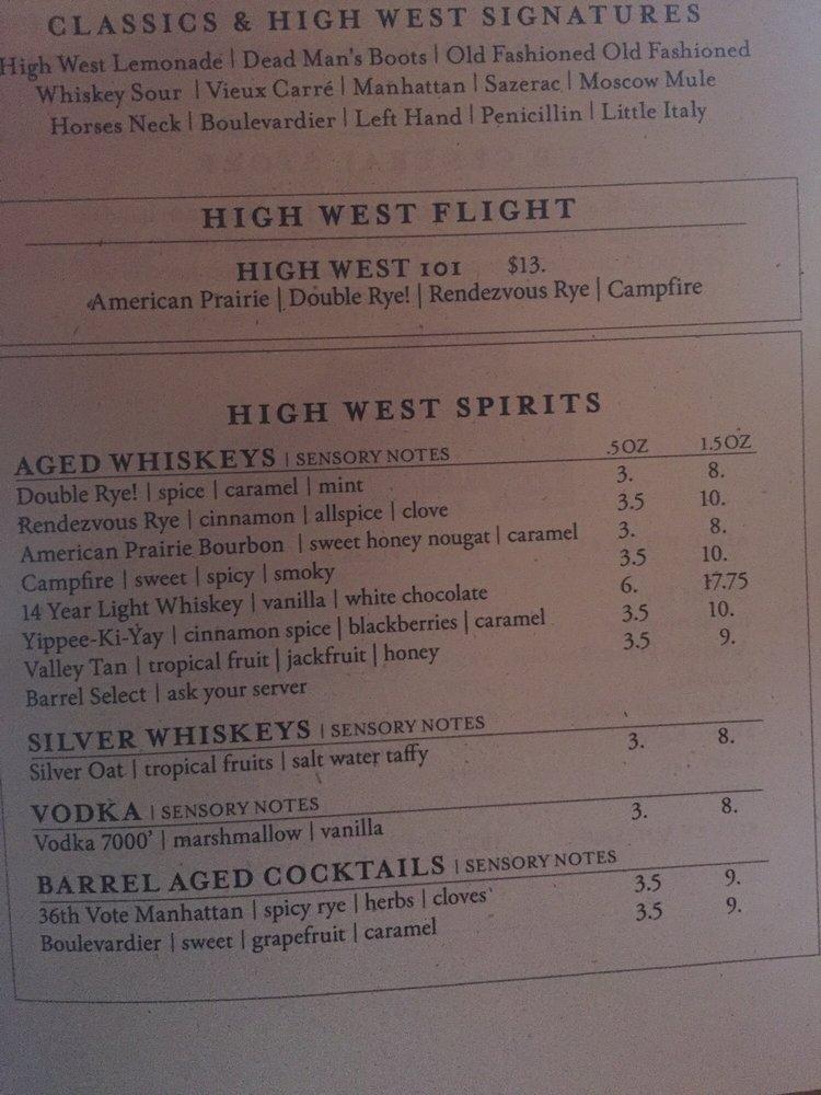Menu at High West Saloon pub & bar, Park City