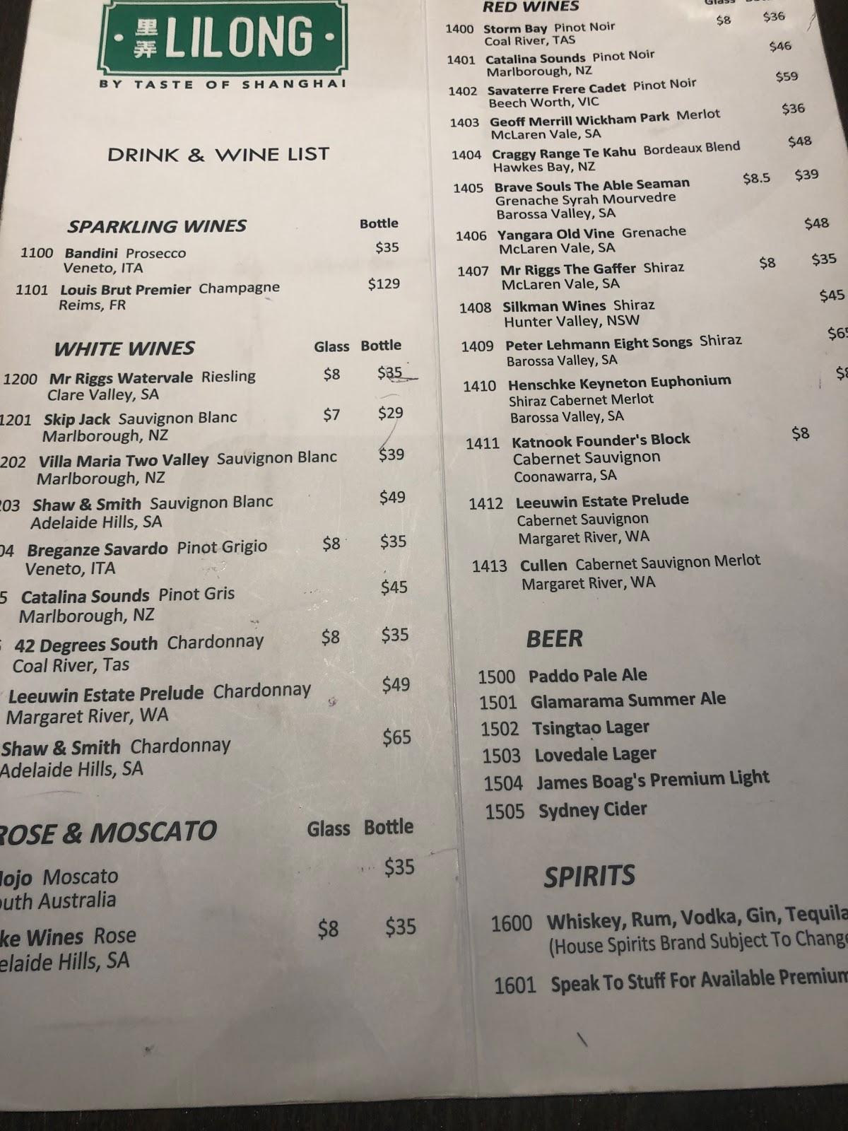 Menu at Lilong by Taste of Shanghai (Darling Square) restaurant, Haymarket