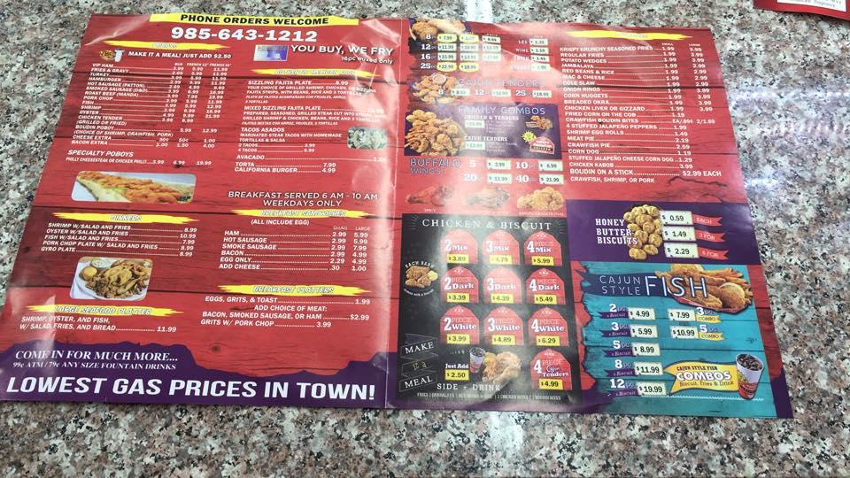 Menu at Moody's Time Saver restaurant, Slidell