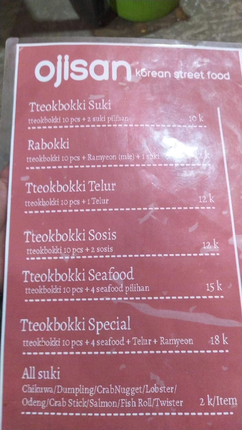 Carta del restaurante OJISAN PLAJU KOREAN STREET FOOD, Palembang, 2Q3H+W85