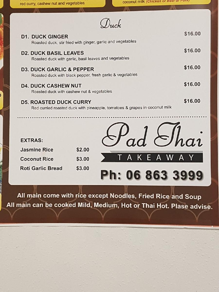 Menu at Pad Thai Takeaway restaurant, Gisborne