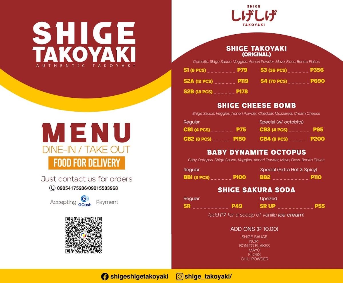 Menu at SHIGE Takoyaki restaurant, Taytay