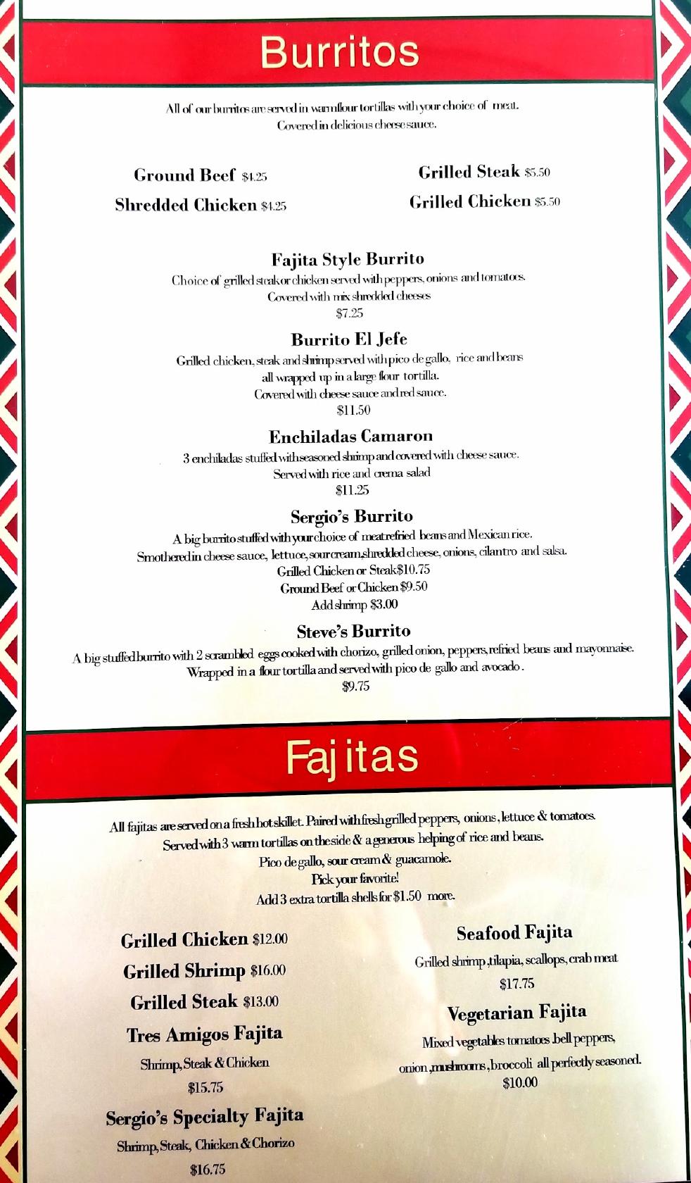 Menu at Sergio's Taqueria restaurant, Lake Ozark