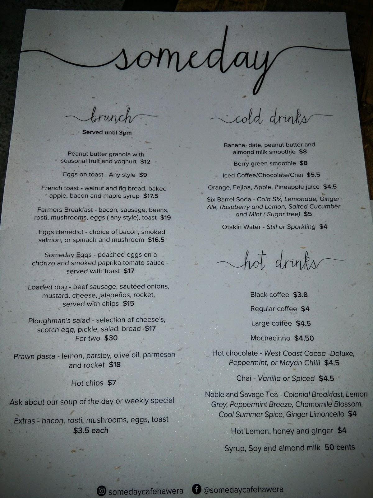 Menu at Someday Cafe, Hawera