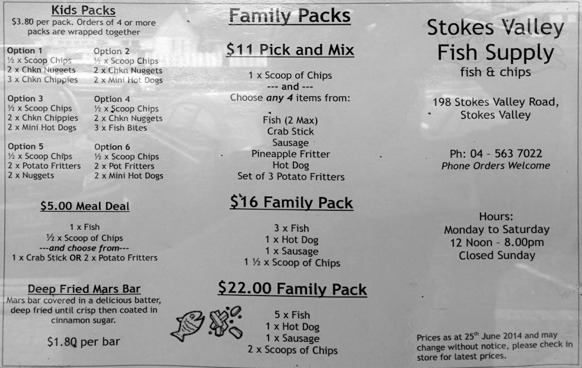 Menu at Stokes Valley Fish Supply restaurant, Lower Hutt
