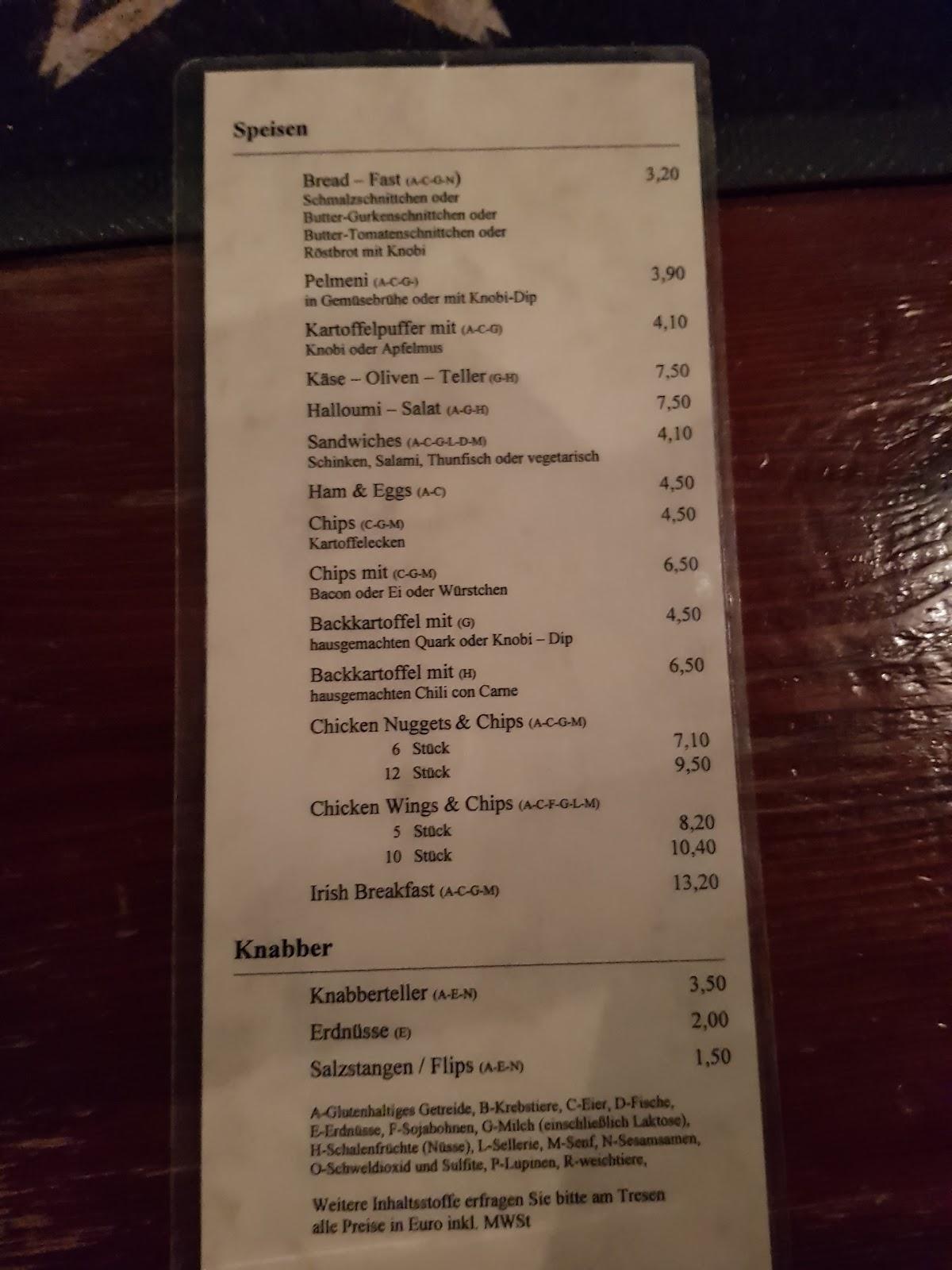 Speisekarte von The Irish Fiddler - Traditional Irish Pub - Halle ...