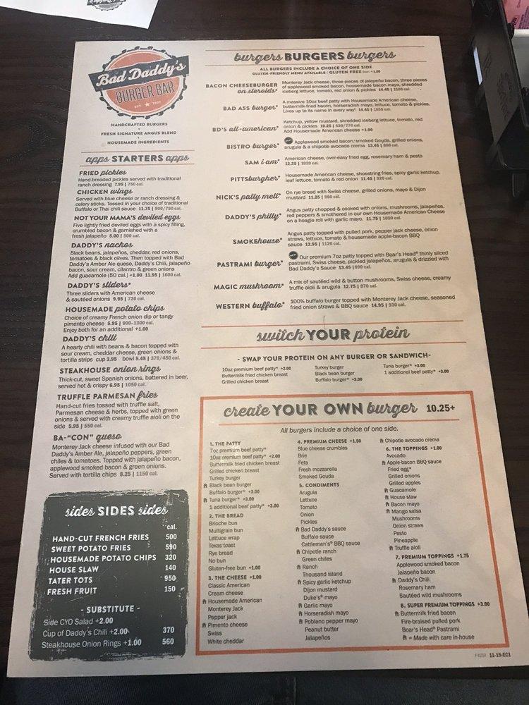 Menu at Bad Daddys Burger Bar, Columbia