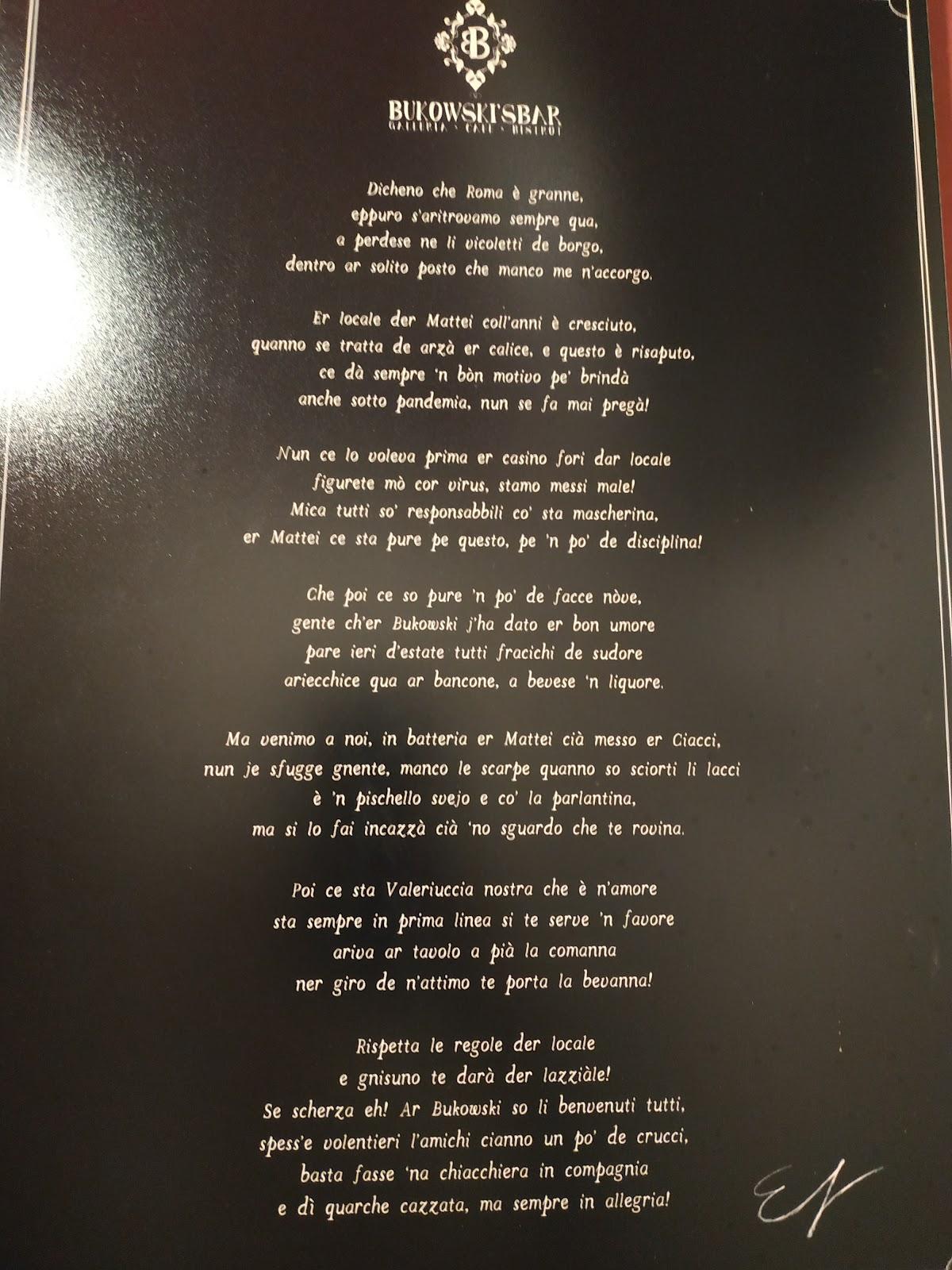 Menu da Bukowski's Bar, Roma