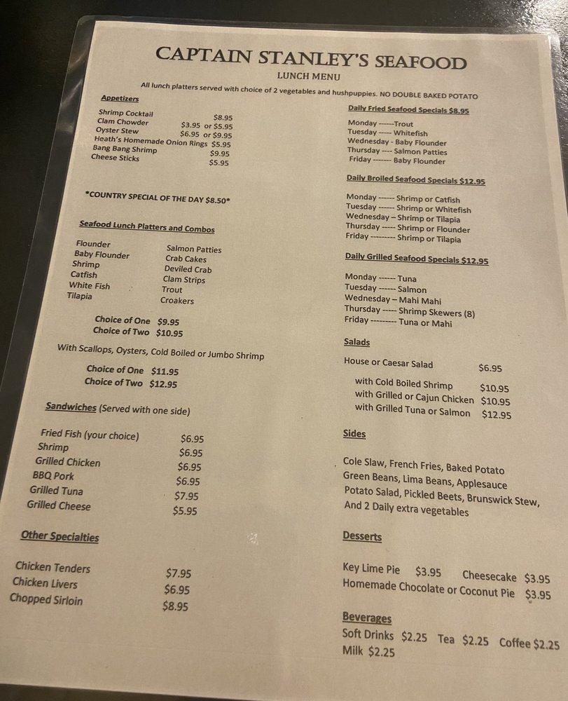 Menu at Captain Stanley's Seafood restaurant, Raleigh, S Wilmington St