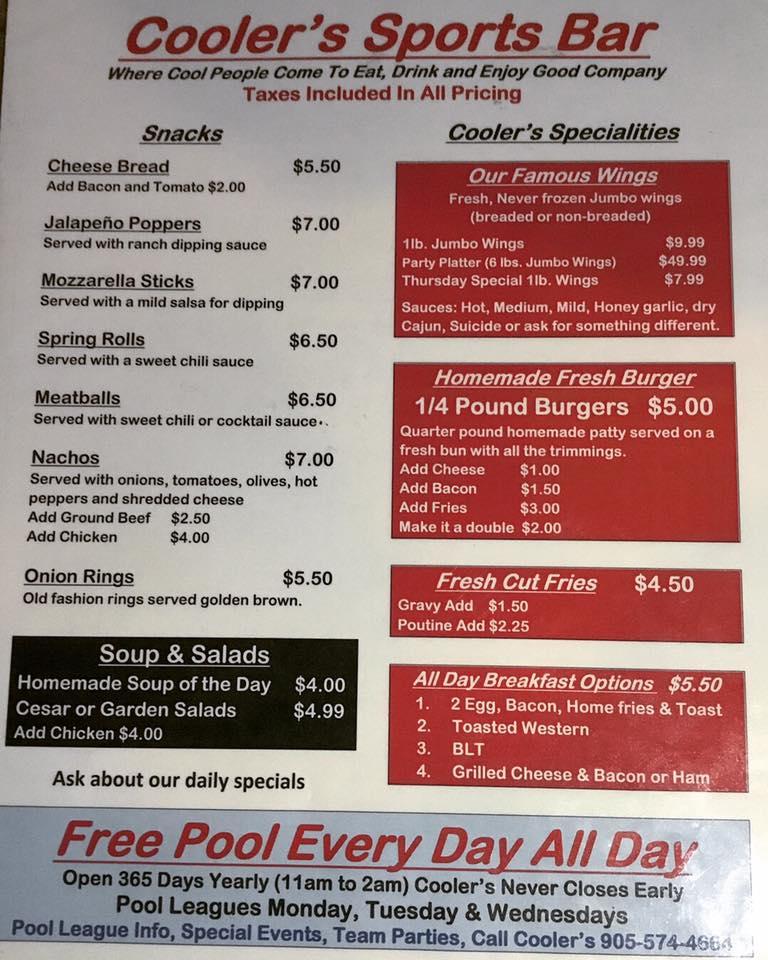 Menu at Coolers pub & bar, Hamilton