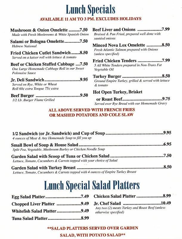 Menu at Fred and Murry's Kosher Delicatessen restaurant, Freehold