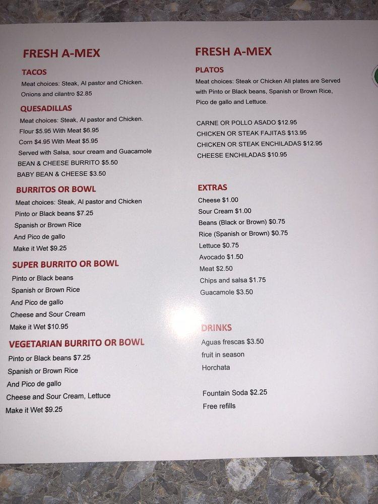 Menu at Fresh A Mex restaurant, Napa