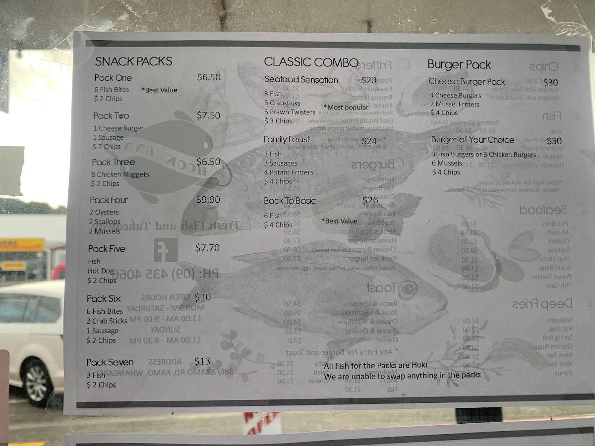 Menu at Hook Inn Fresh Fish & Takeaway restaurant, Whangarei