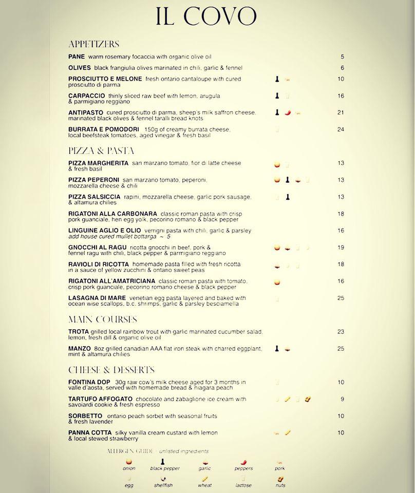 Menu at Il Covo restaurant, Toronto