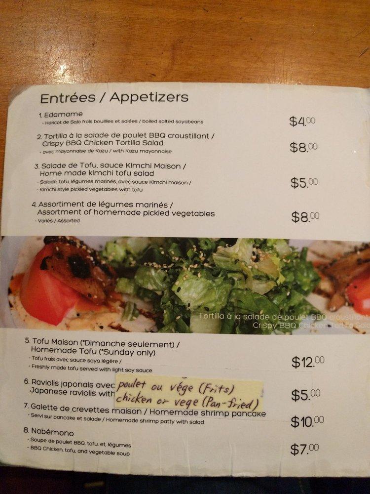 Menu at Kazu restaurant, Montreal