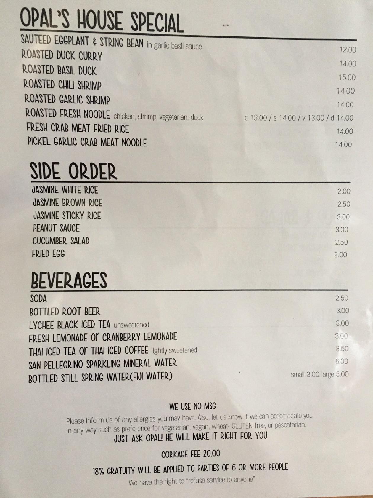 Menu at Opal Thai restaurant, Honolulu, Smith St Suite 6