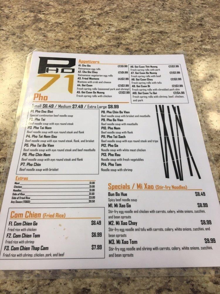 Menu at Pho 71 restaurant, Broken Arrow