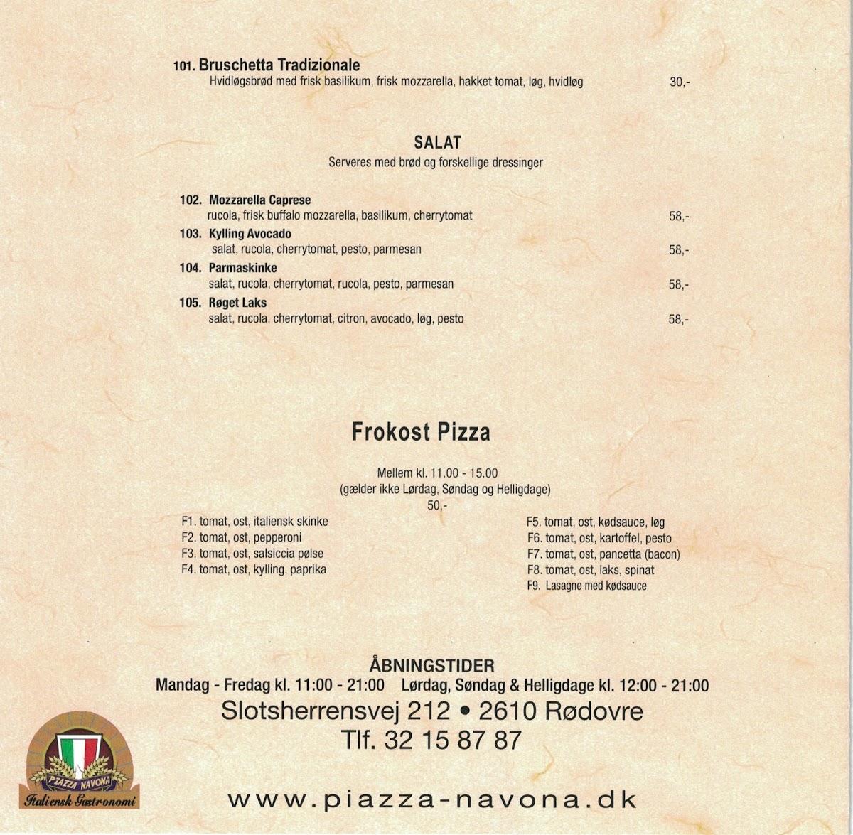 Menu at Piazza Navona restaurant, Rødovre