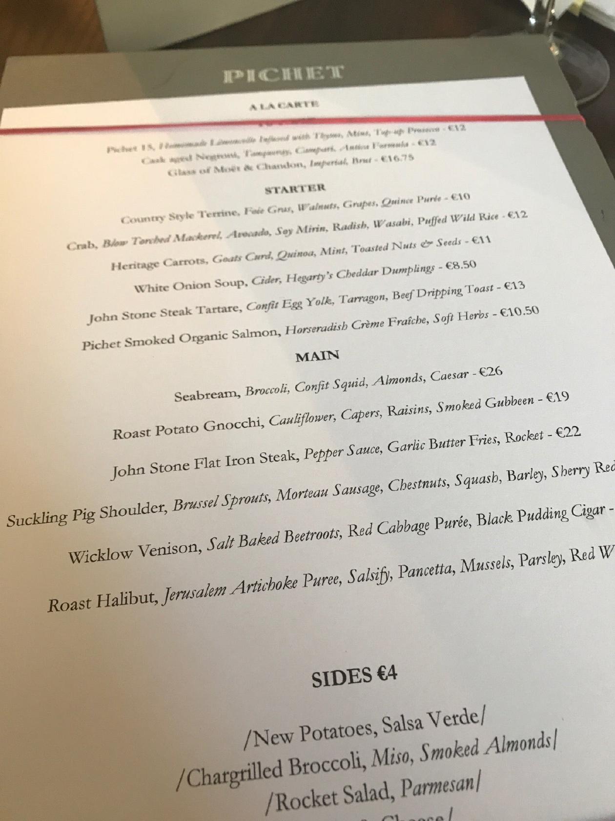 Menu at Pichet restaurant, Dublin