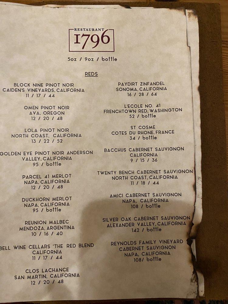 Menu at Restaurant 1796, Saint Francisville, US-61