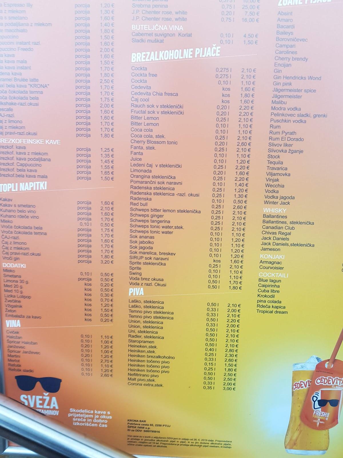 Menu at Šipek Ivan s.p. - Krona bar, Ptuj