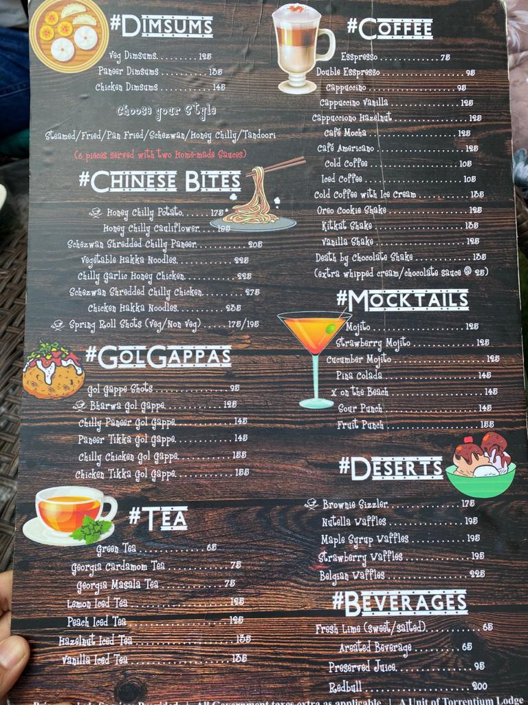 Menu at The Que Cafe, Shimla, Torrentium Lodge