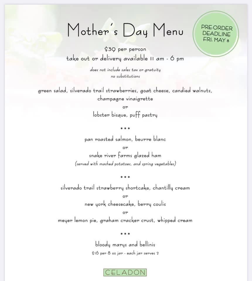 Menu at Celadon restaurant, Napa