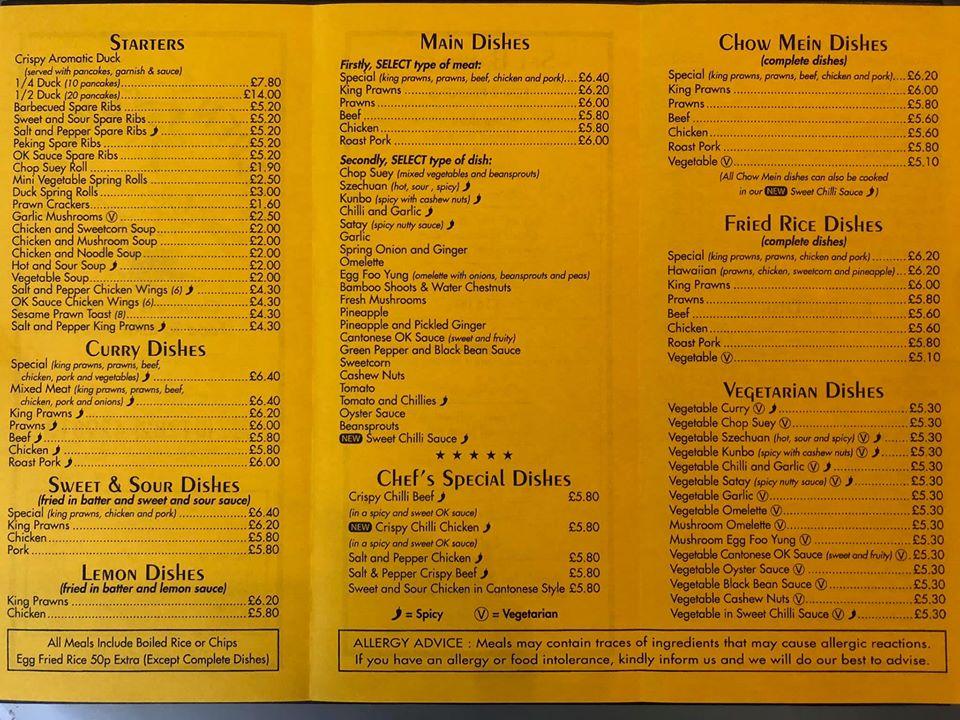Menu at Golden Orange fast food, Burnley